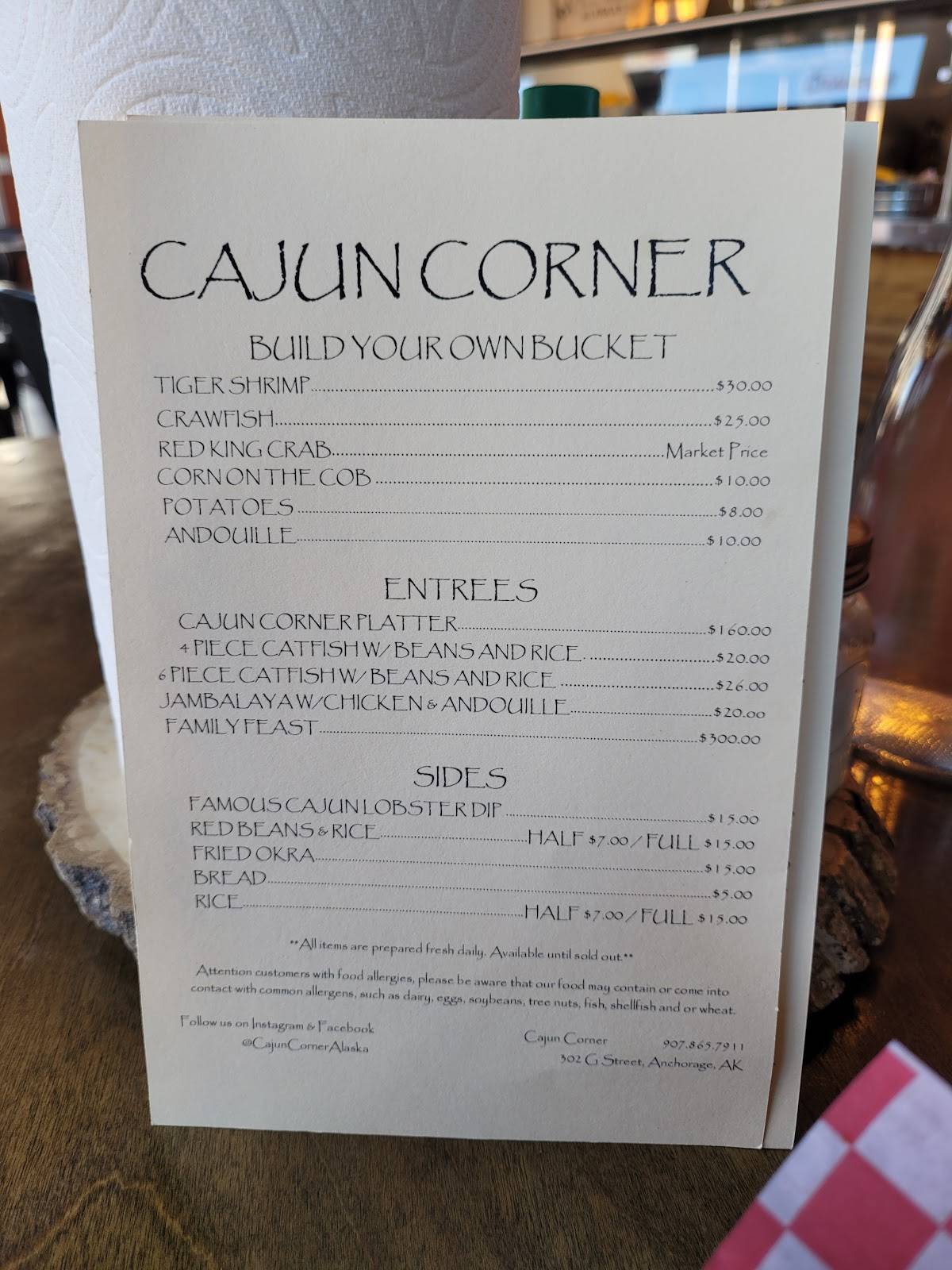 Menu at Cajun Corner restaurant, Anchorage