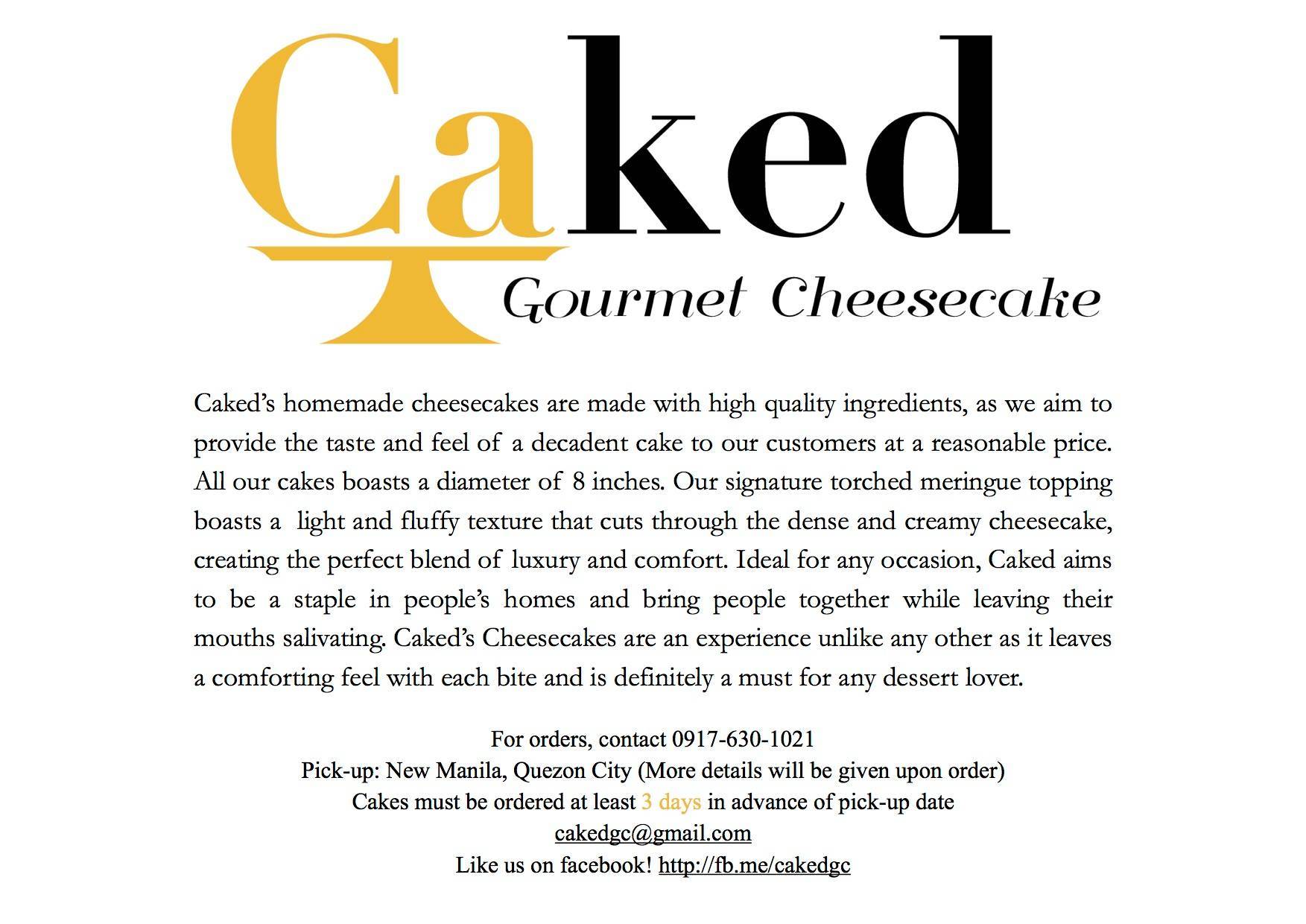 Menu at Caked Gourmet Cheesecakes restaurant, Quezon City