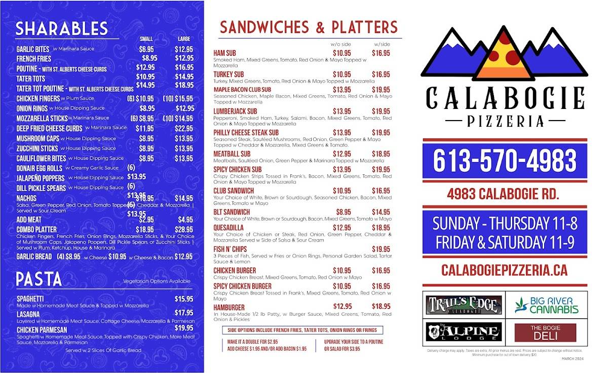Menu at Calabogie Pizzeria, Calabogie, Calabogie Rd unit 3