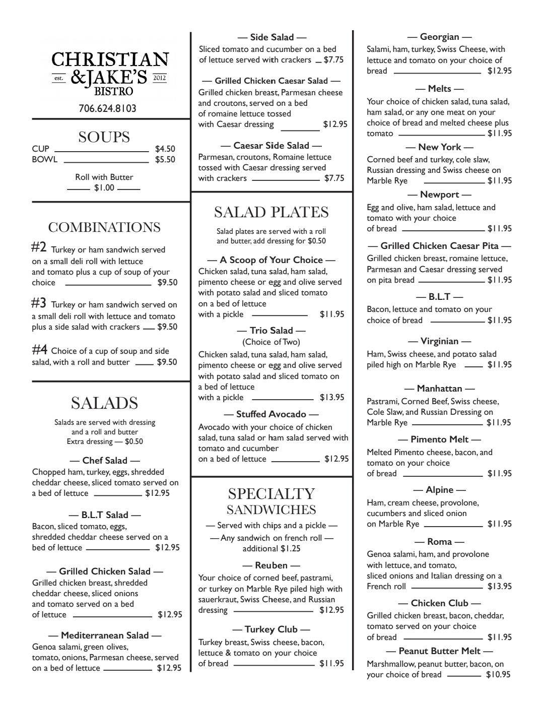 Menu at Christian & Jakes Bistro cafe, Calhoun