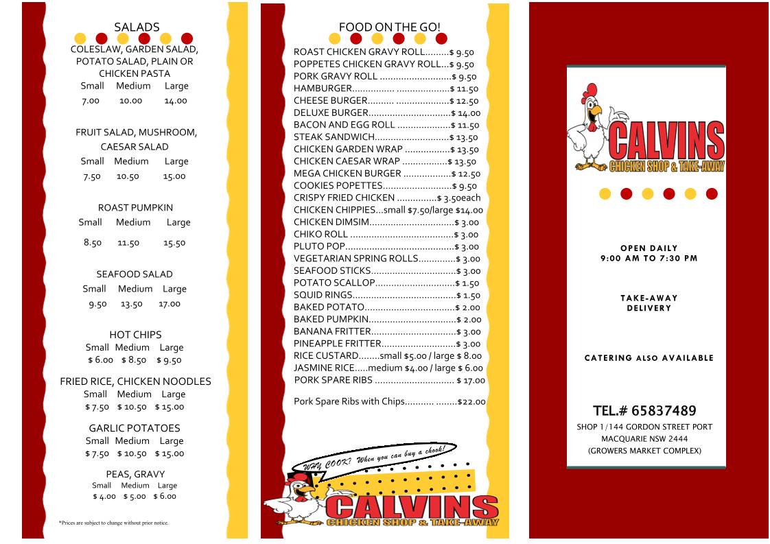 Menu at Calvins Chicken Shop & Take-away restaurant, Port Macquarie