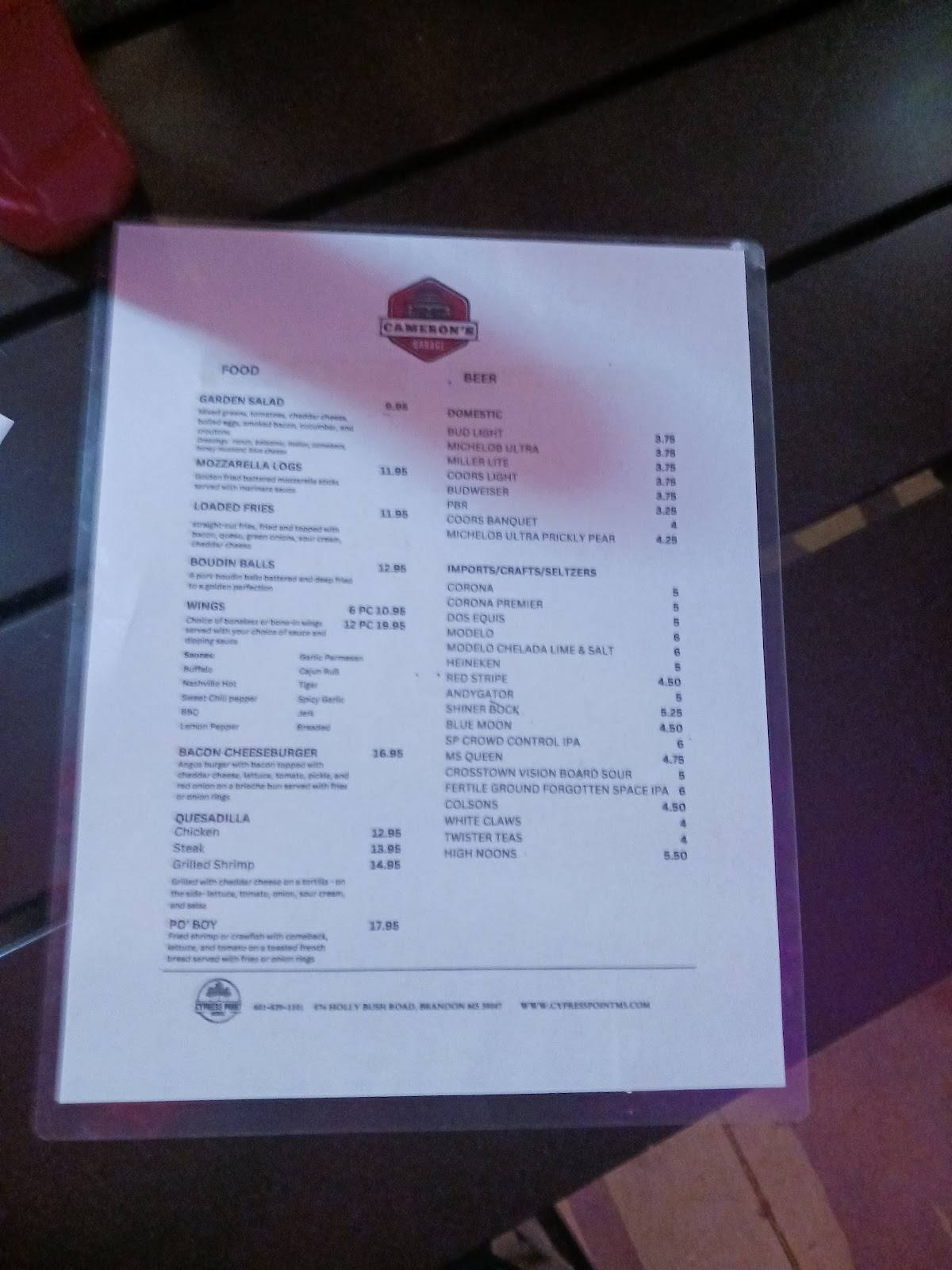 Menu at Cameron’s Garage pub & bar, Flowood