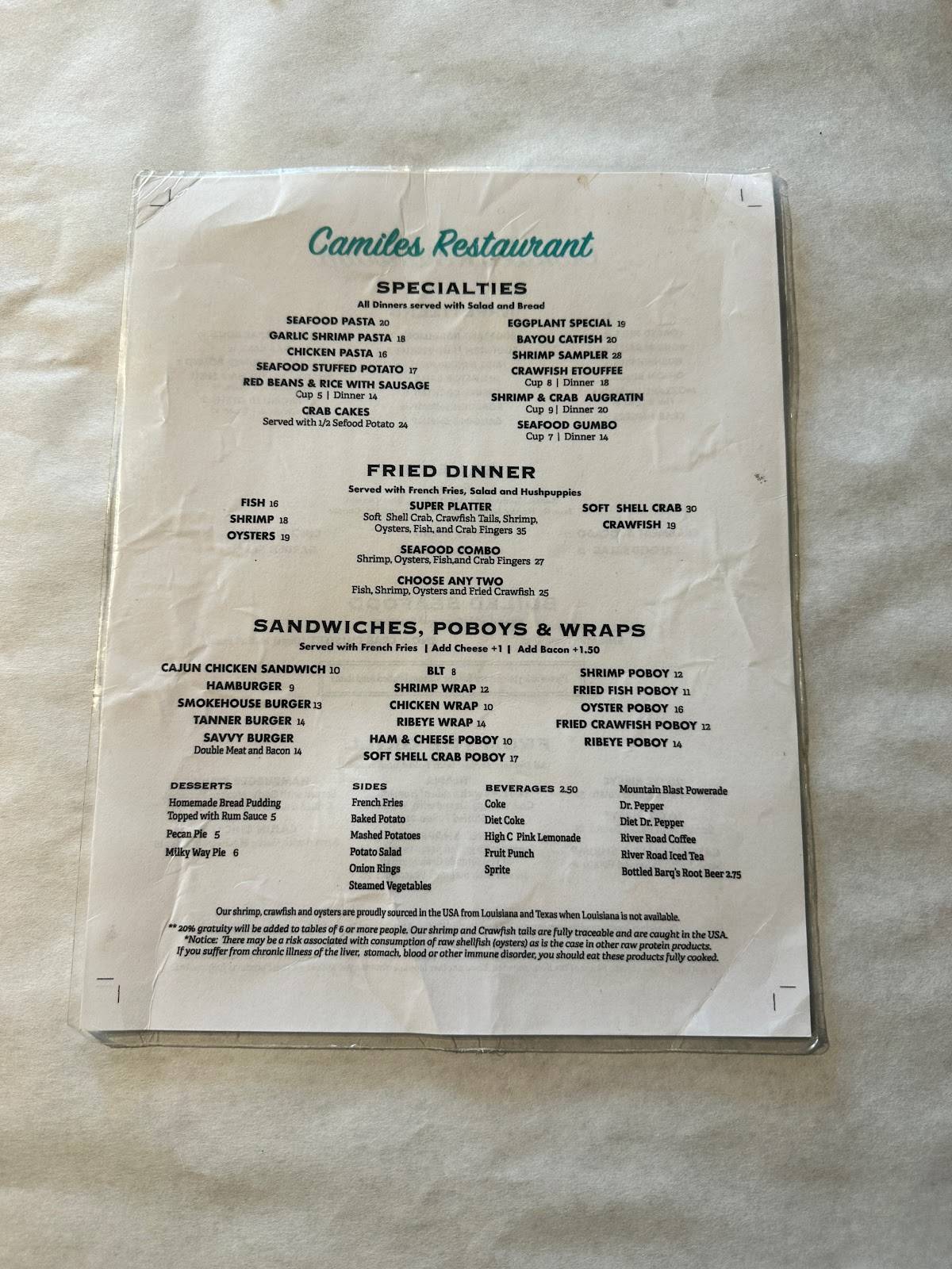 Menu at Camile's Restaurant, Erwinville