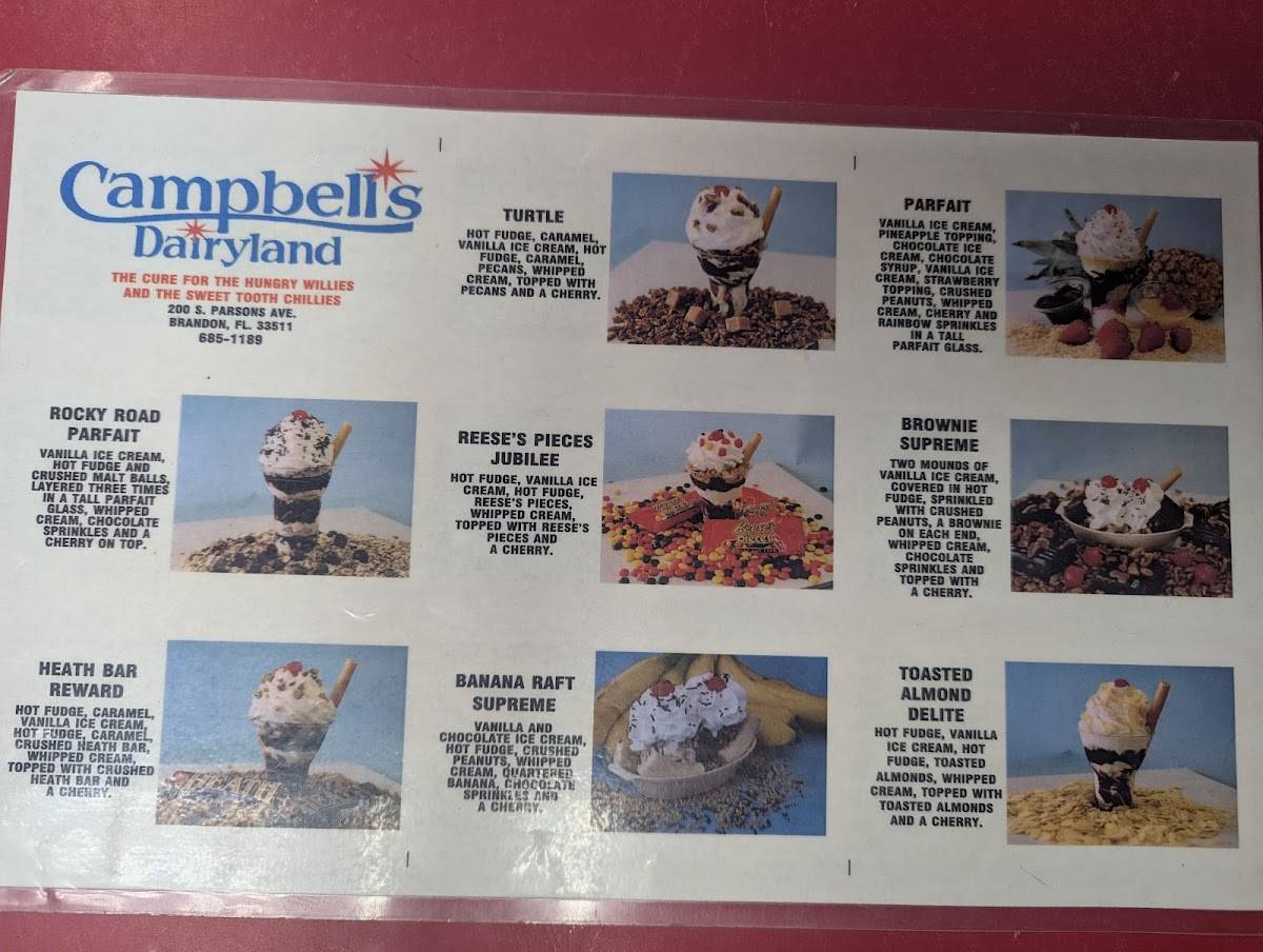 Menu at Campbell's Dairyland restaurant, Brandon