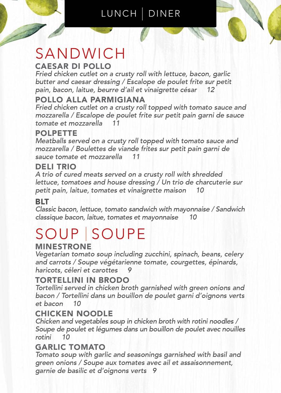 Menu at Pronto restaurant, Campbellton