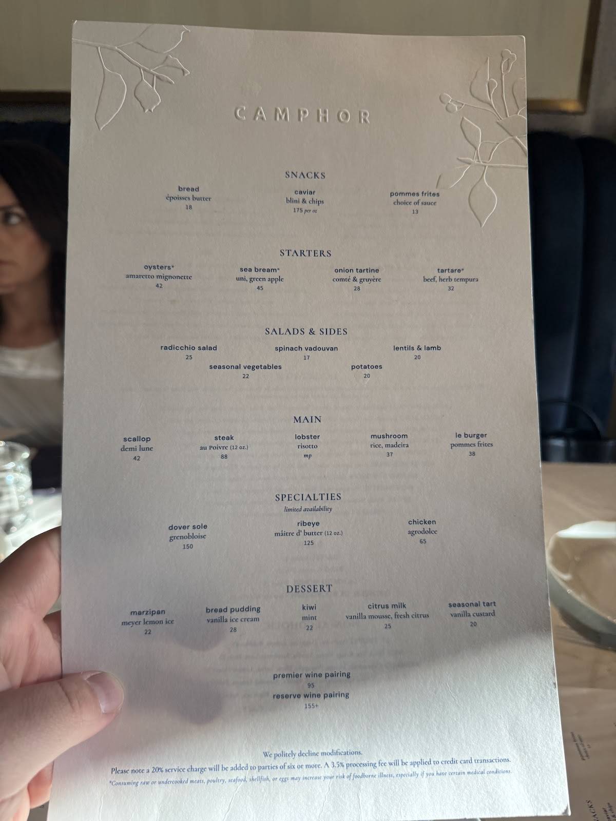 Menu at Camphor restaurant, Los Angeles