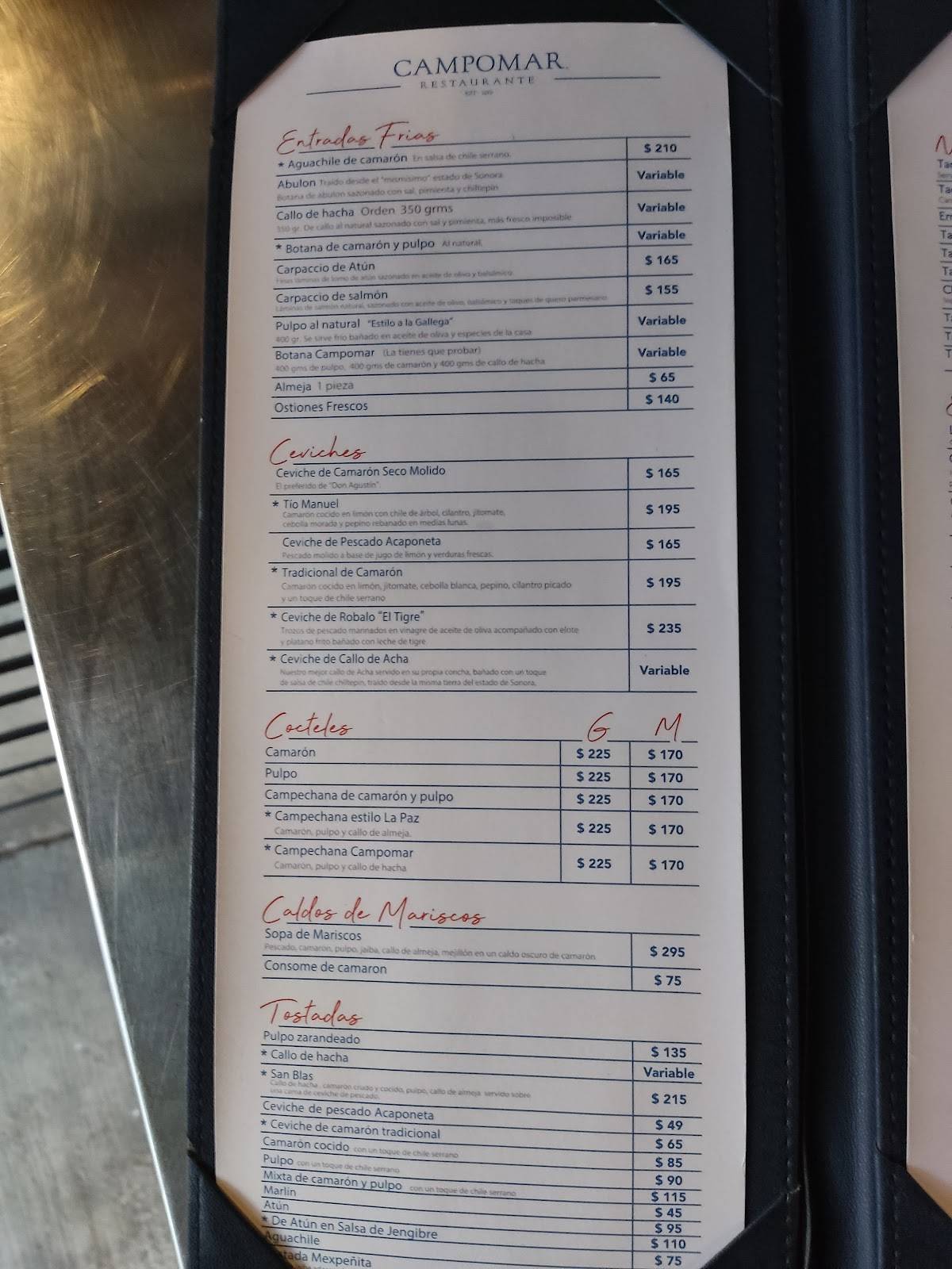 Carta del restaurante Campomar Chapalita, Guadalajara, San Dionisio 33