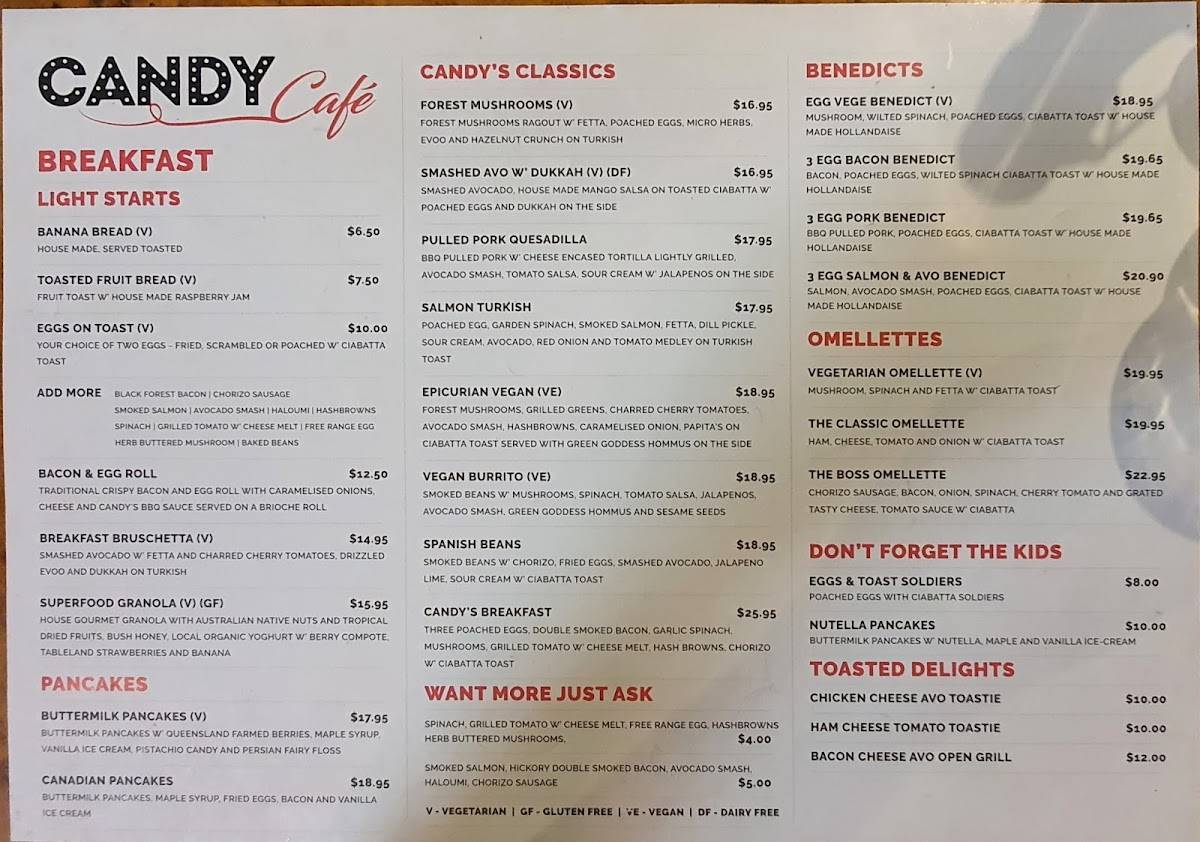 Menu at Candy Cafe Bar, Cairns