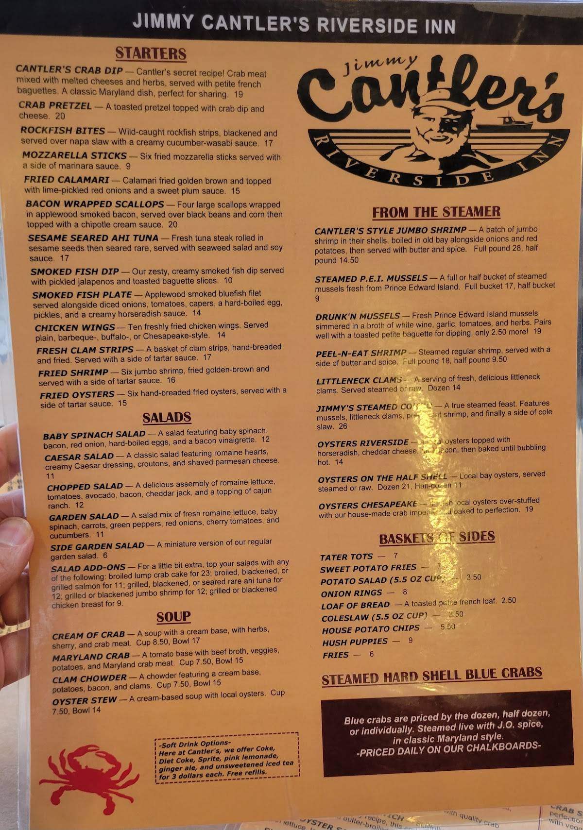 Menu at Cantler's Riverside Inn restaurant, Annapolis