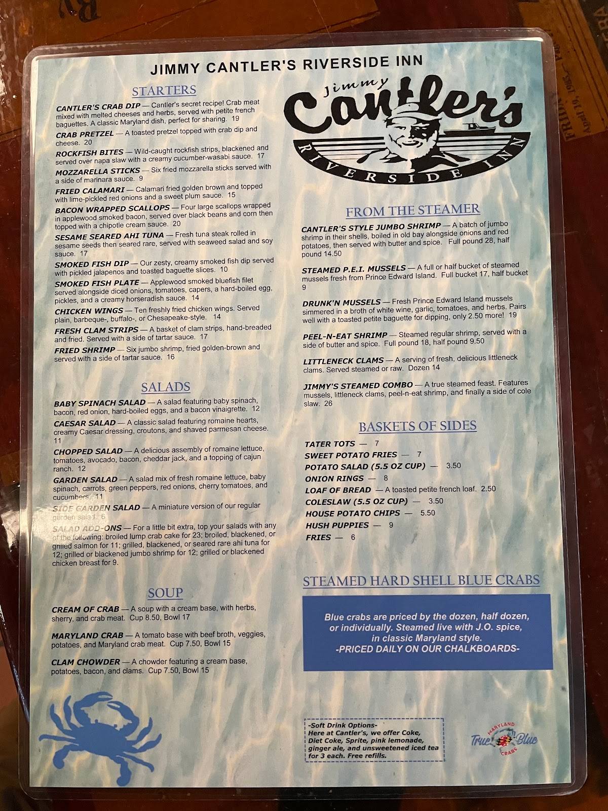 Menu at Cantler's Riverside Inn restaurant, Annapolis