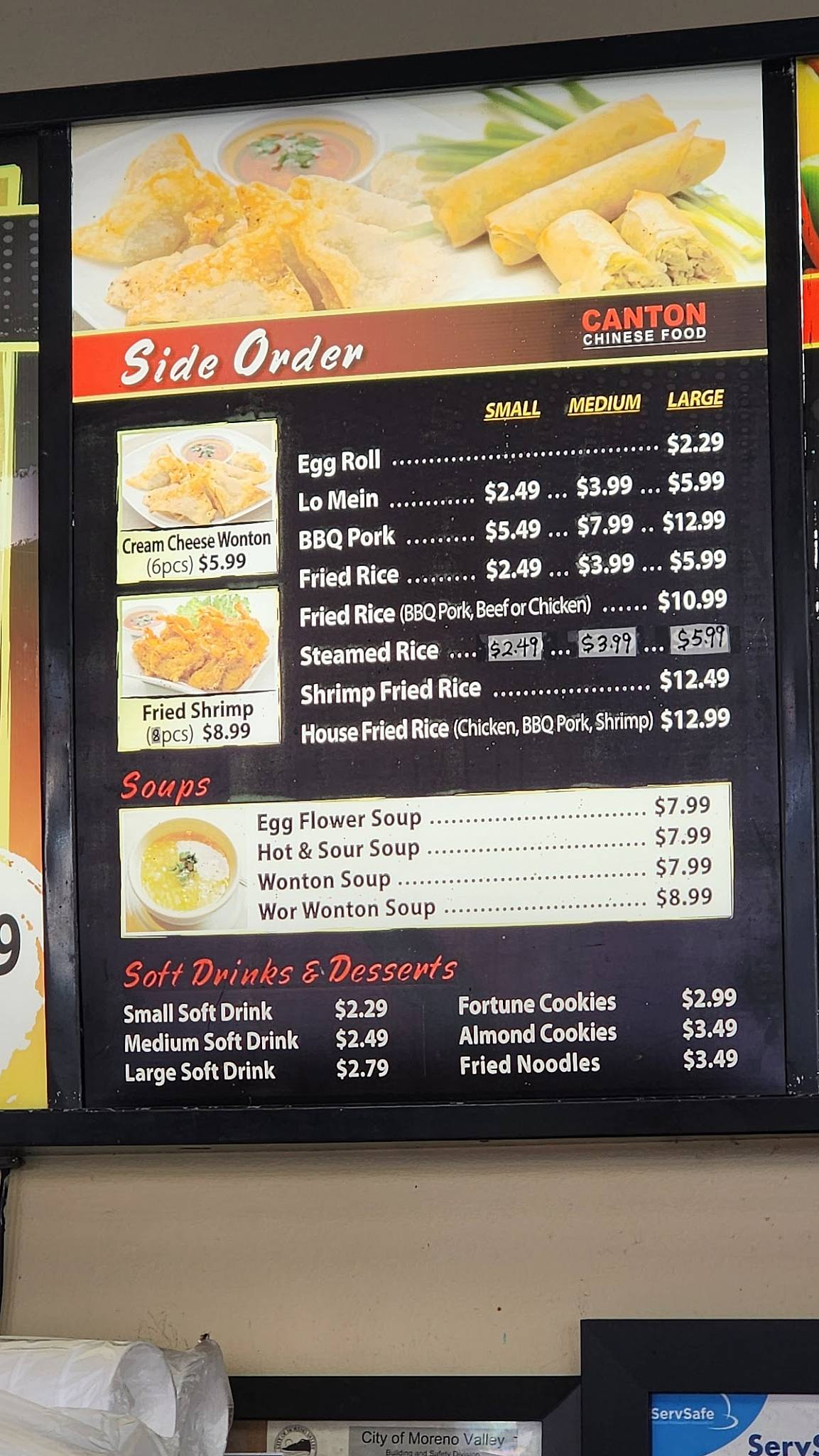 Menu at Canton Chinese Food restaurant, Moreno Valley