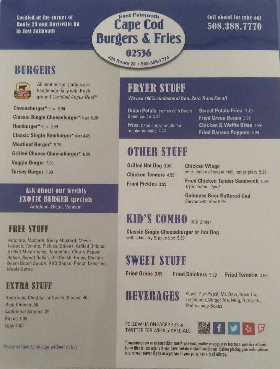 Menu at Cape Cod Burgers & Fries restaurant, Falmouth, 420 E Falmouth Hwy