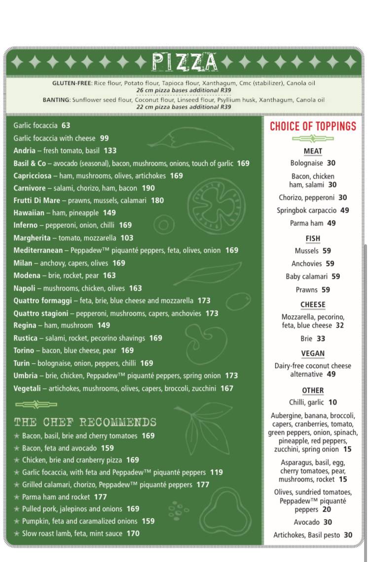 Menu at BASIL & CO restaurant, Cape Town, Reddam Ave