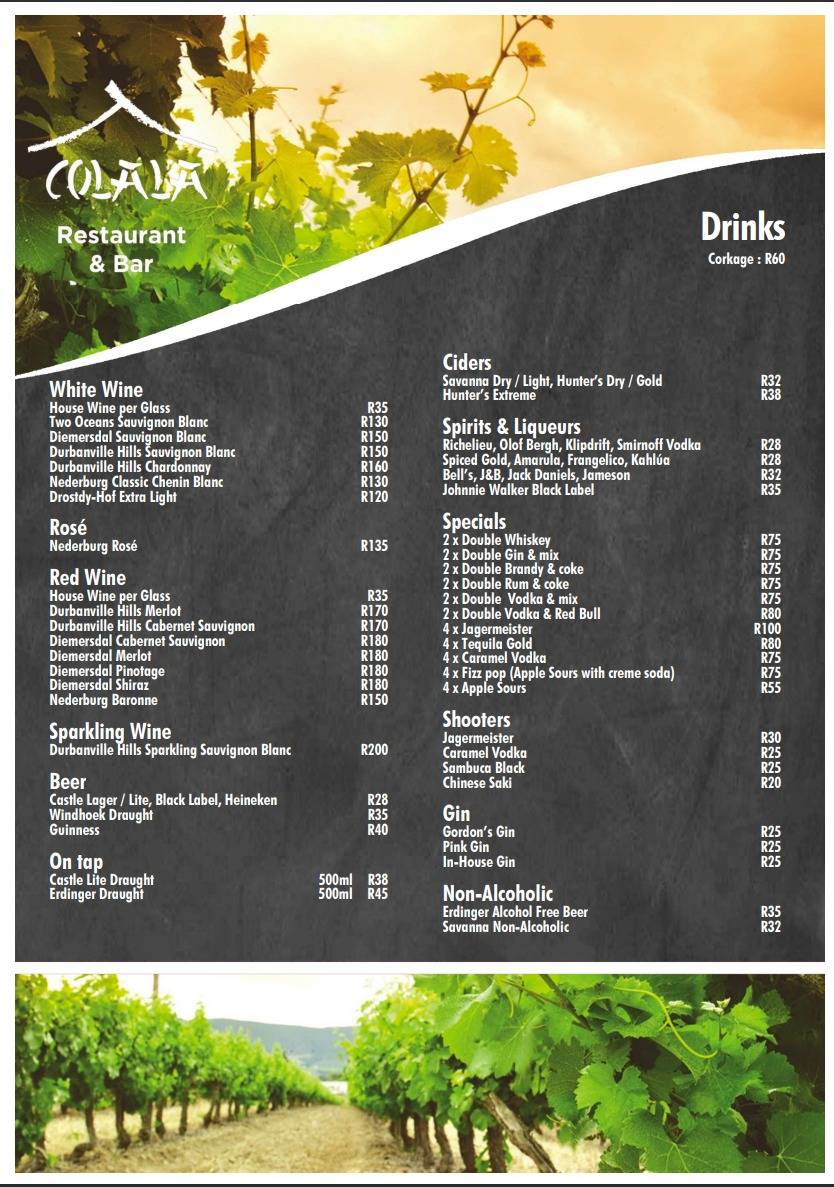 Menu at Colala restaurant & bar, Cape Town