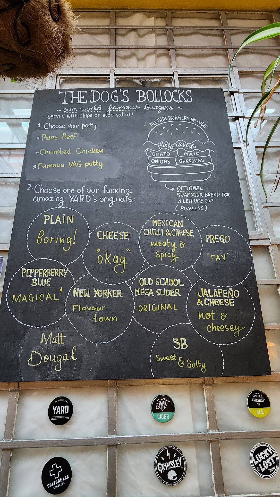 Menu at The Dog's Bollocks at YARD restaurant, Cape Town