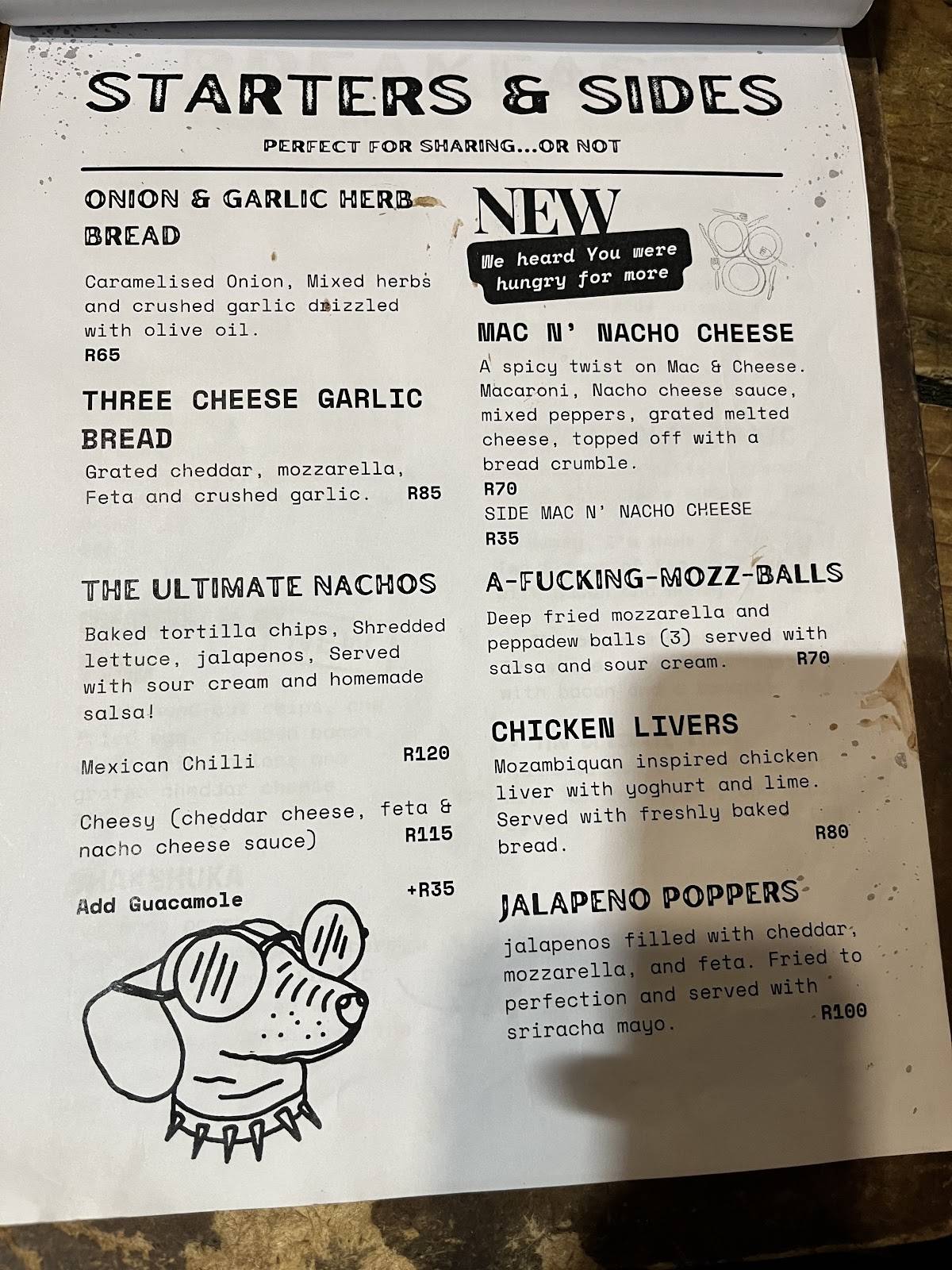 Menu at The Dog's Bollocks at YARD restaurant, Cape Town