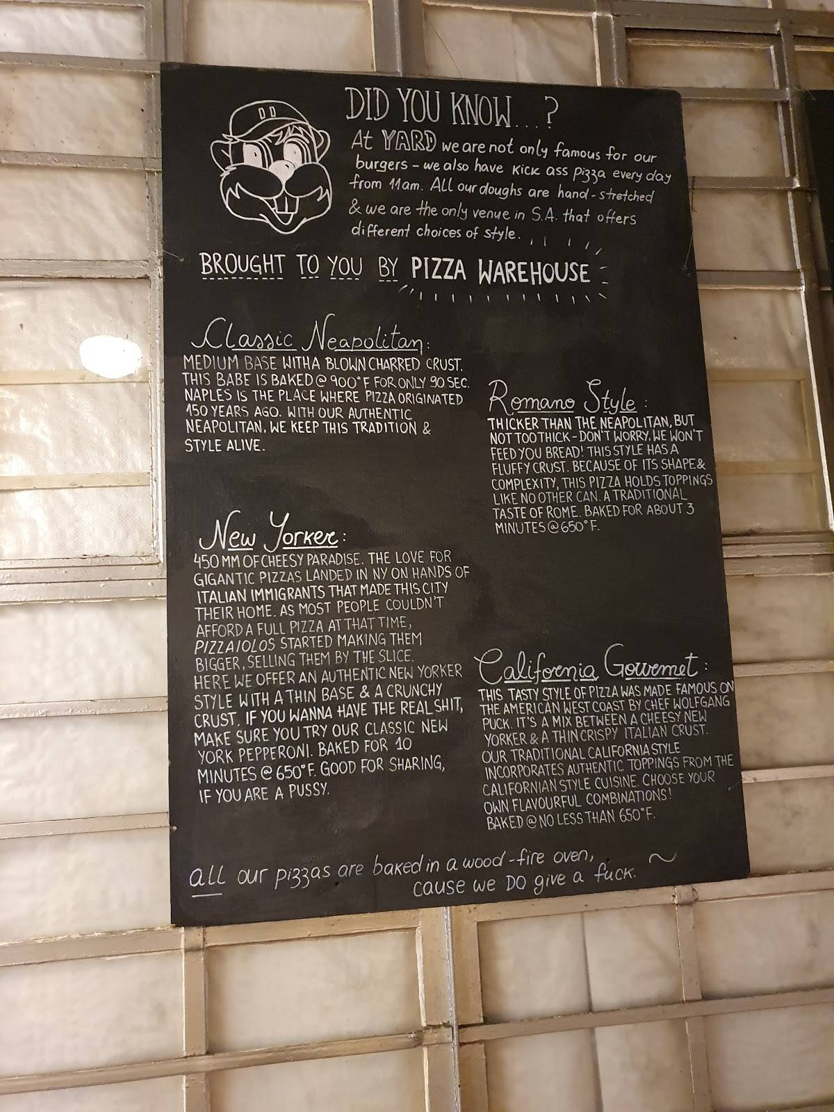 Menu at The Dog's Bollocks at YARD restaurant, Cape Town
