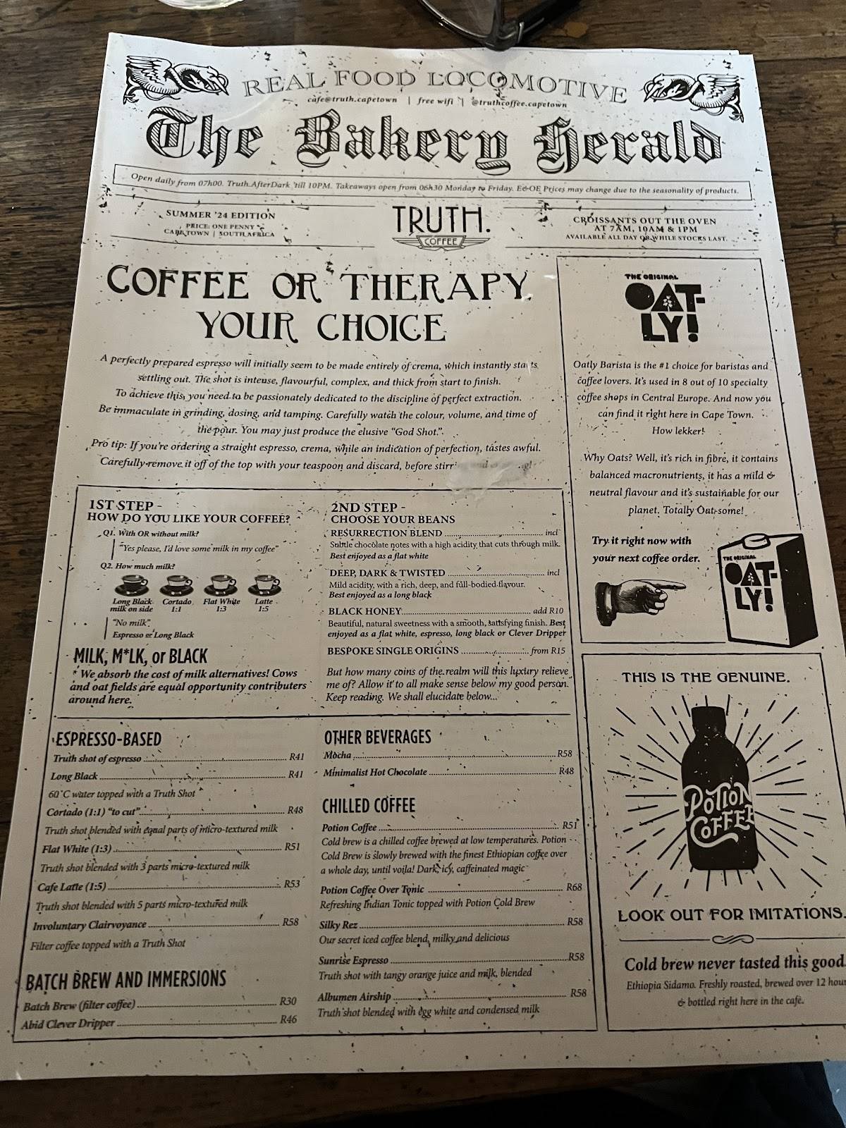 Menu at Truth Coffee Roasting cafe, Cape Town, 36 Buitenkant St