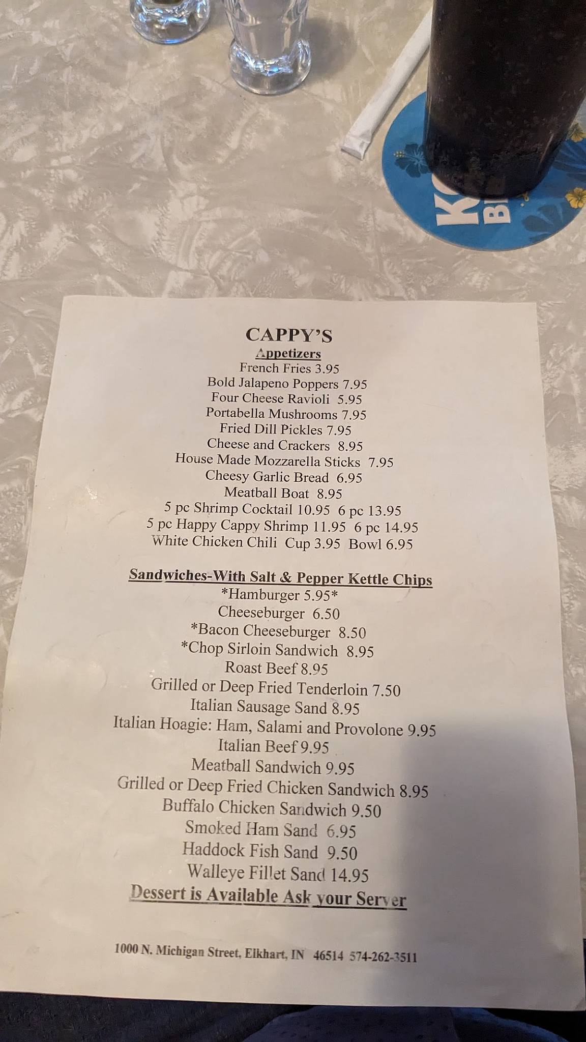 Menu at Cappy's Northside Bar and Grill, Elkhart