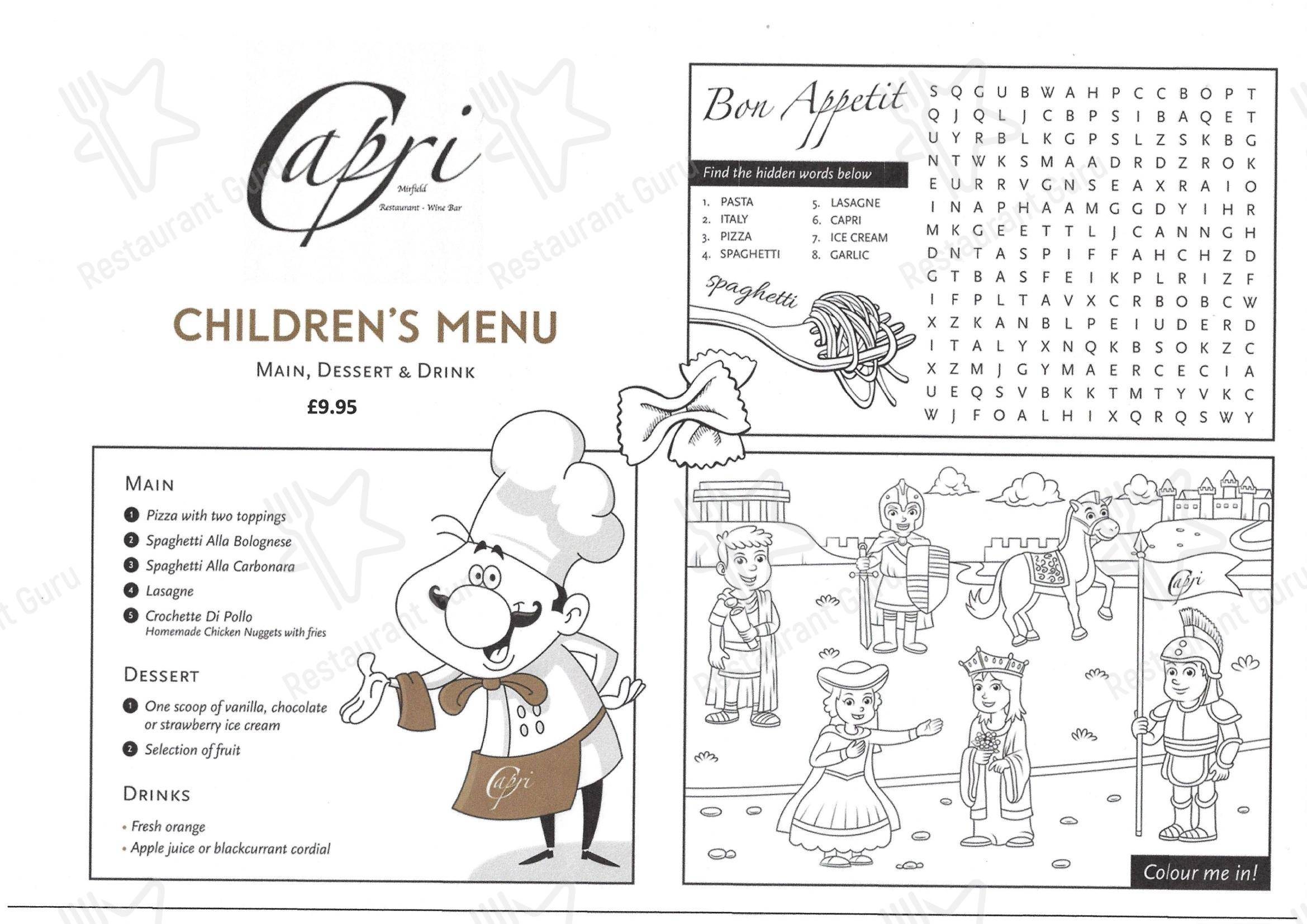 Menu at Capri Mirfield restaurant, Mirfield