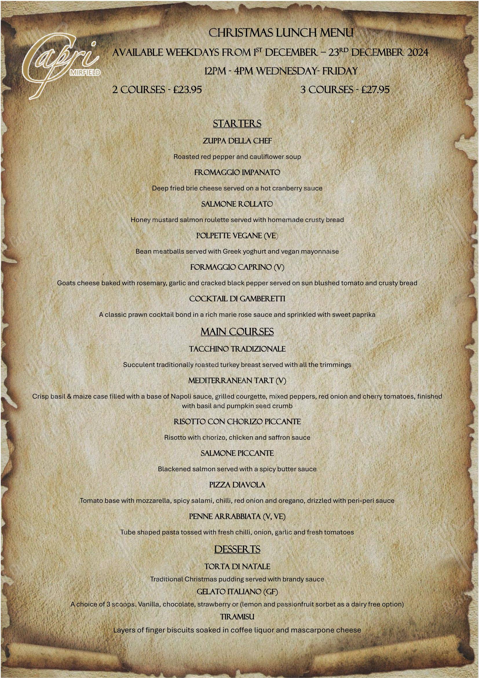 Menu at Capri Mirfield restaurant, Mirfield