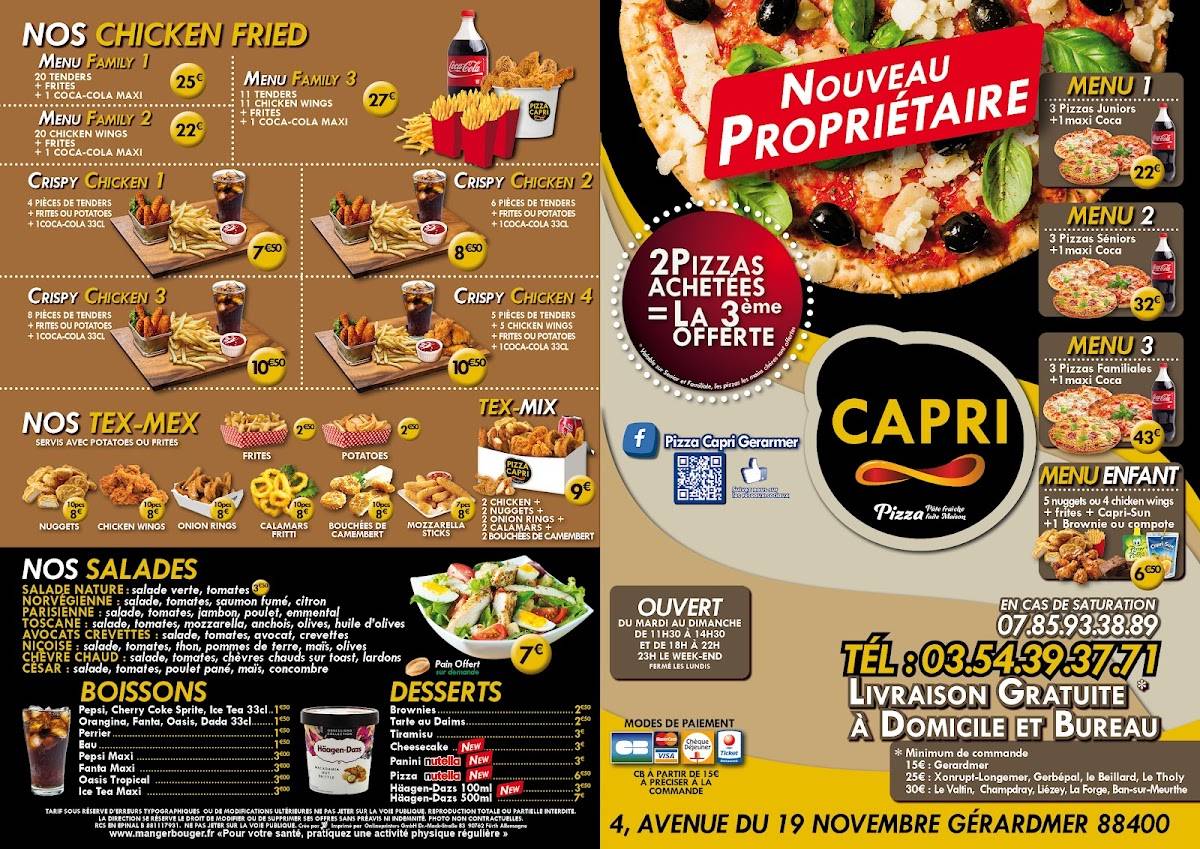 Menu at Capri restaurant, Gérardmer