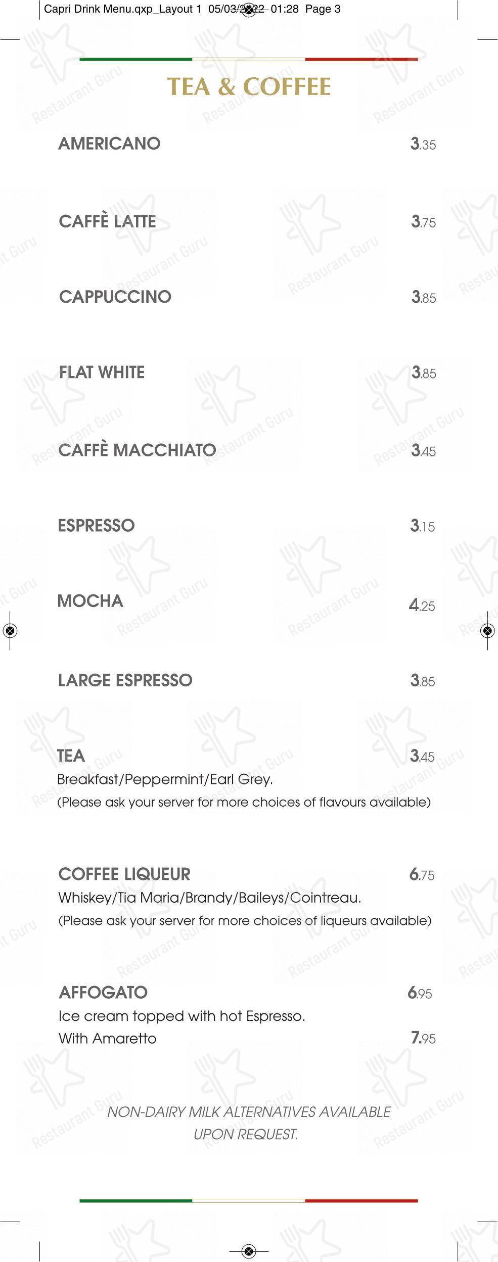 Menu at Capri at the Containers restaurant, Leeds