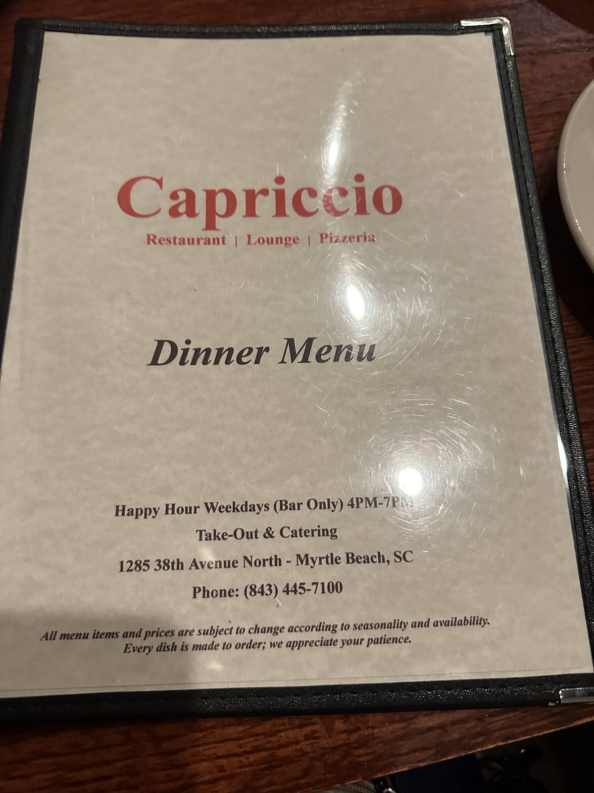 Menu at Capriccio pizzeria, Myrtle Beach