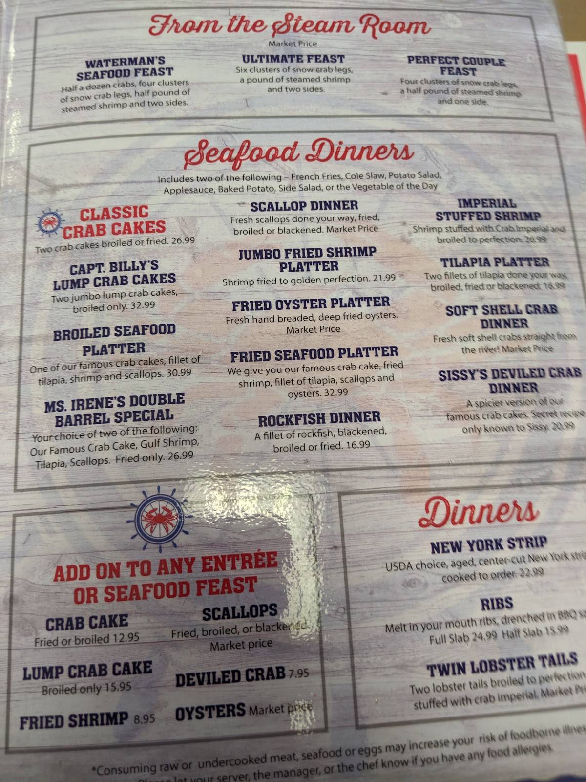 Menu at Captain Billy's Crab House restaurant, Popes Creek
