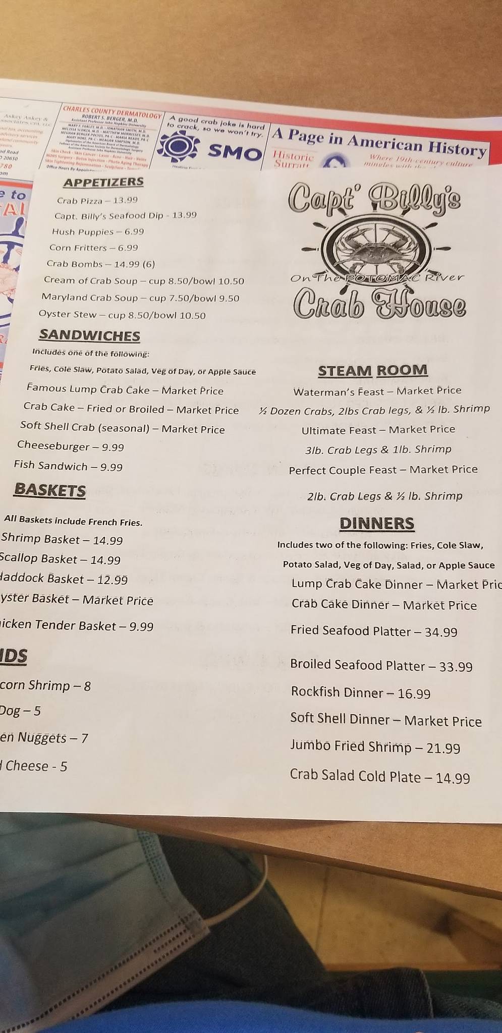 Menu at Captain Billy's Crab House restaurant, Popes Creek