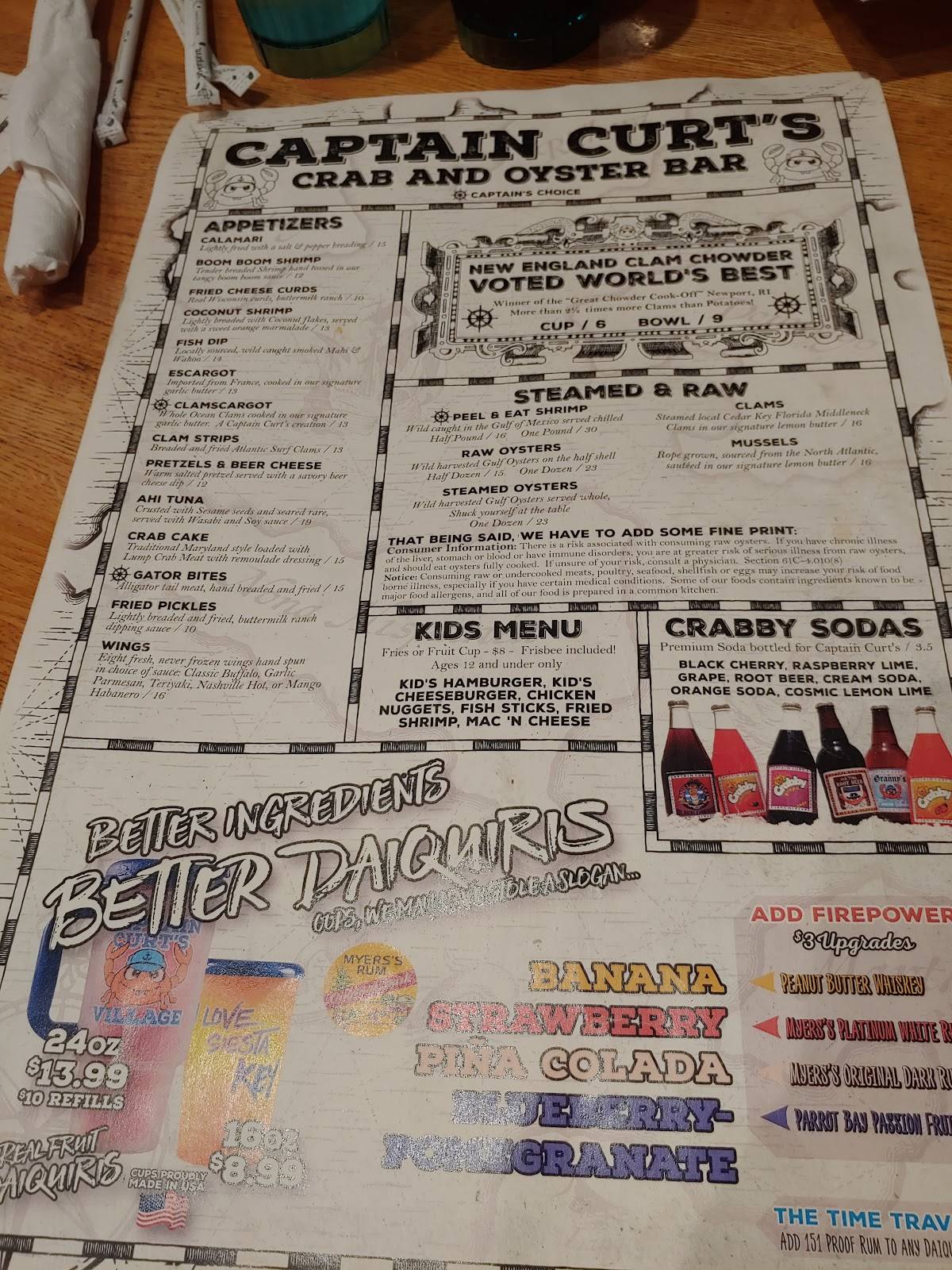 Menu at Captain Curt's Crab & Oyster Bar, Sarasota, Old Stickney Point Rd