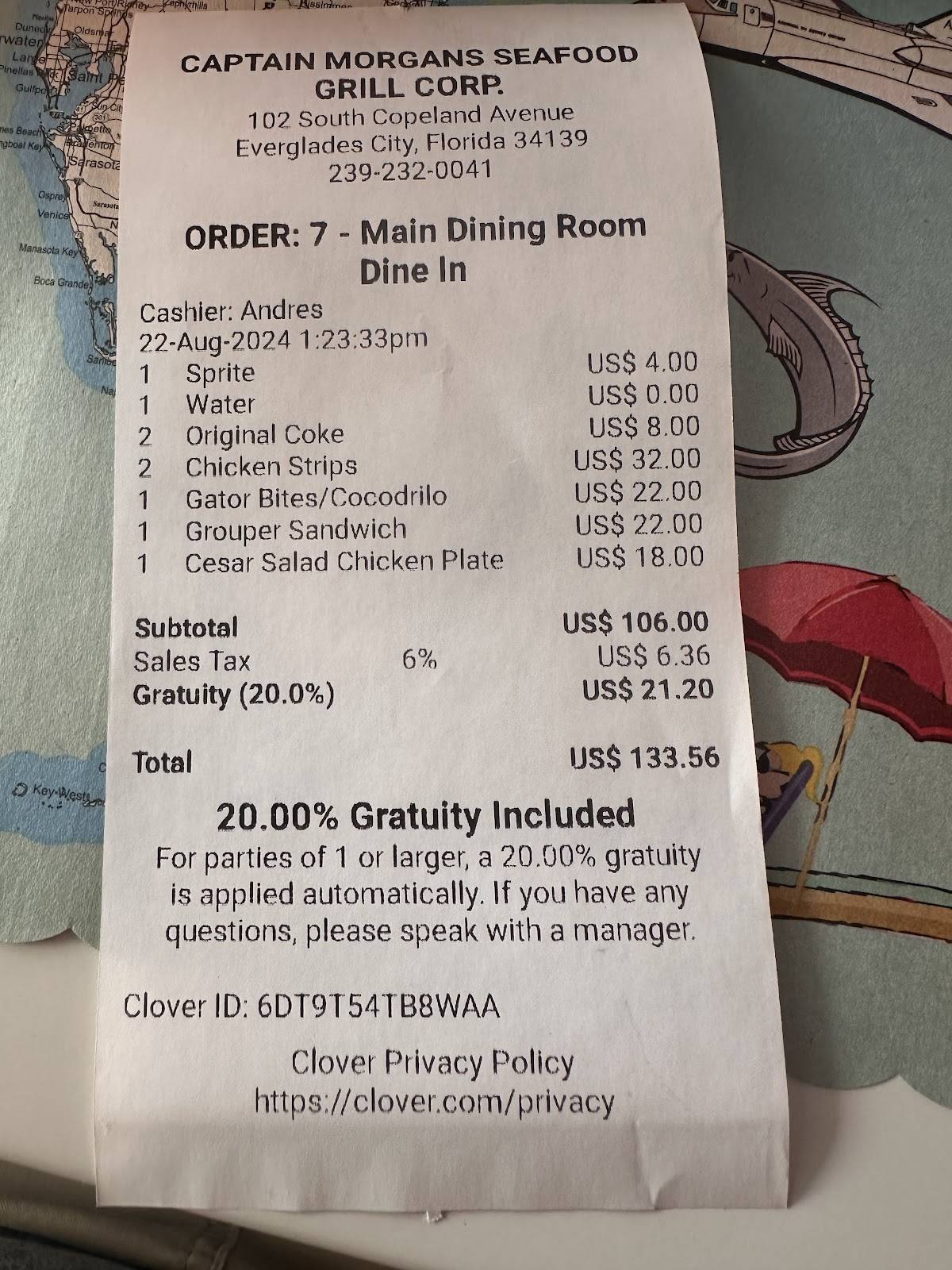 Menu at Captain Morgan's Seafood Grill Corp restaurant, Everglades City