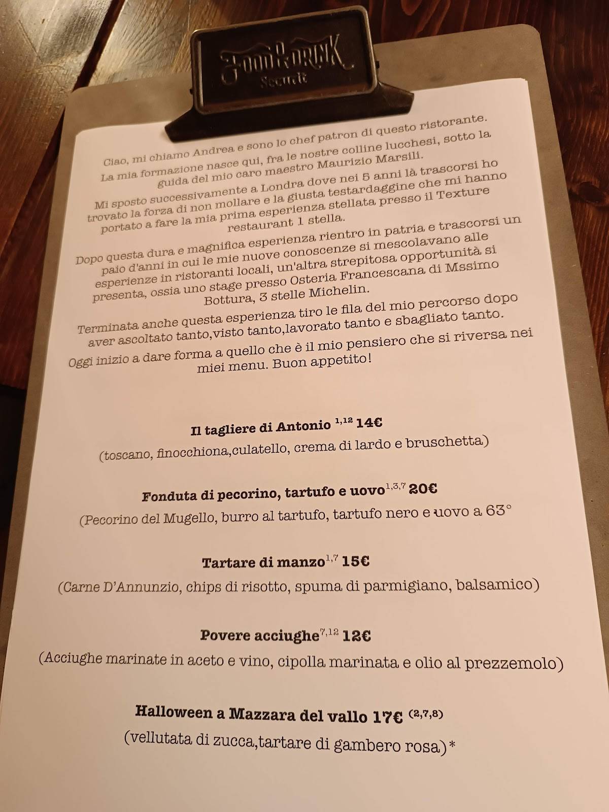 Menu at Carbone restaurant, Lucca