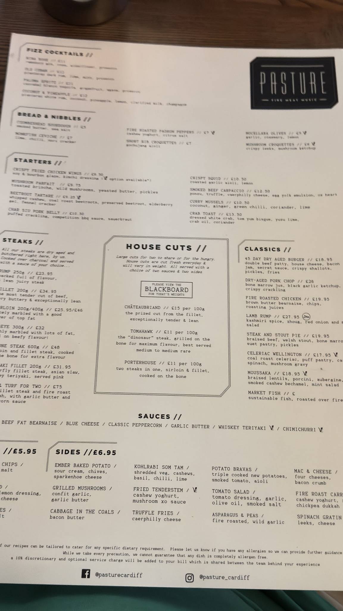 Menu at Pasture Restaurant Cardiff, Cardiff