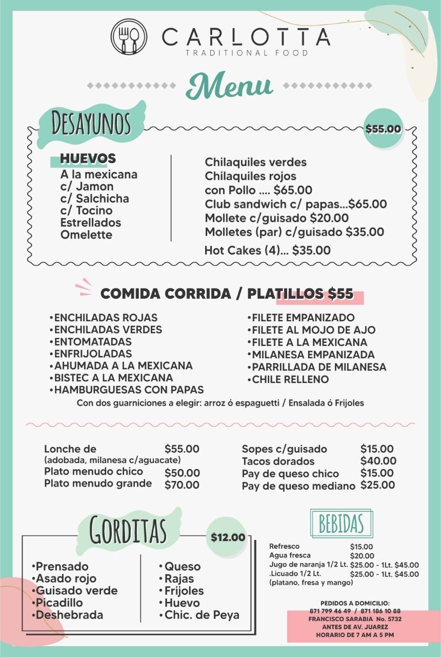 Carta del restaurante Carlotta Traditional Food, Torreón