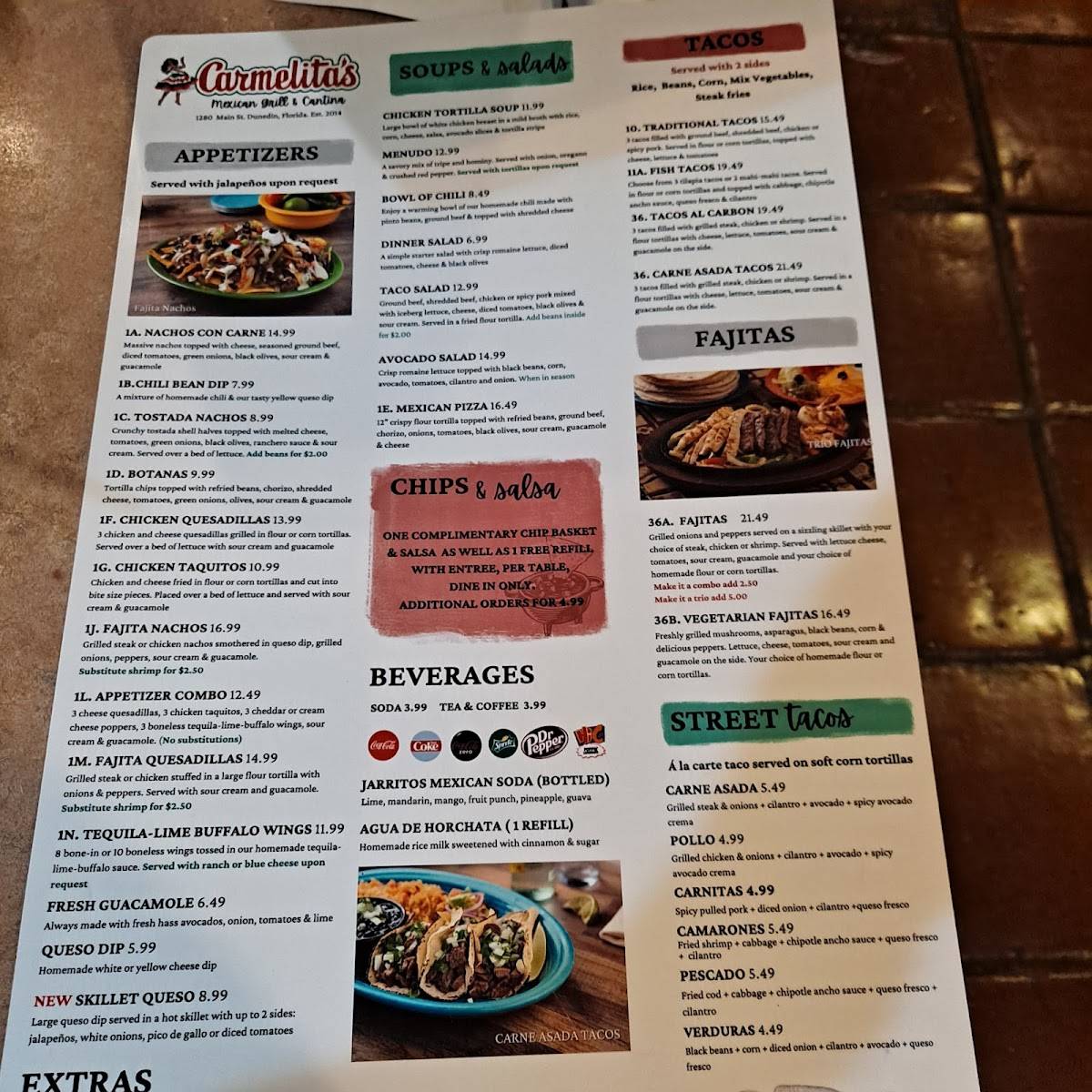 Menu at Carmelita's Mexican Grill & Cantina restaurant, Dunedin, Main St