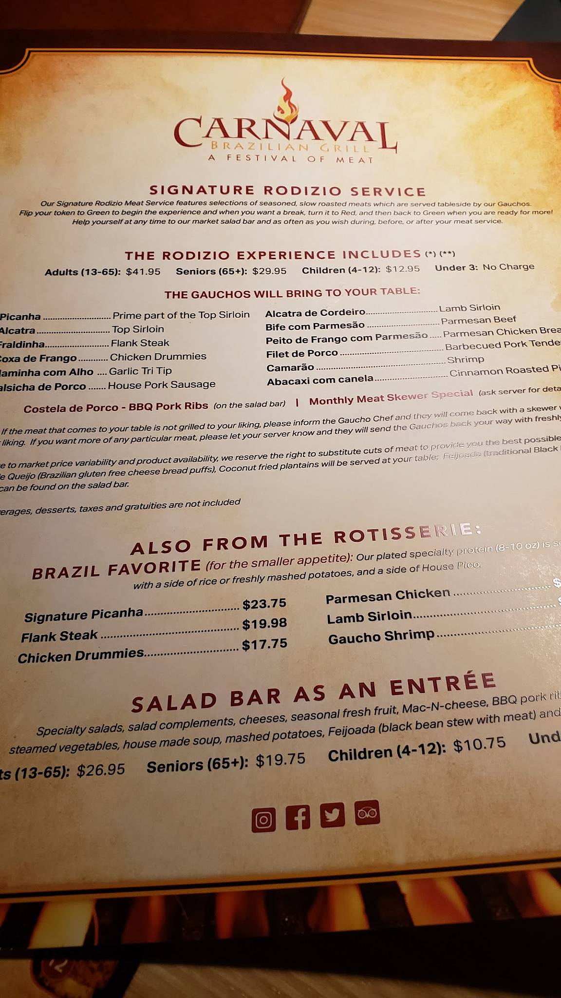 Menu at Carnaval Brazilian Grill restaurant, Sioux Falls