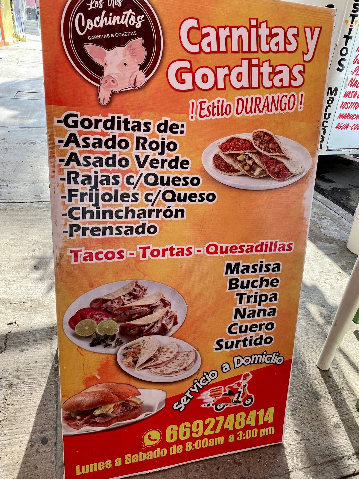 Menu at Carnitas y Gorditas estilo Durango "Los Tres Cochinitos ...