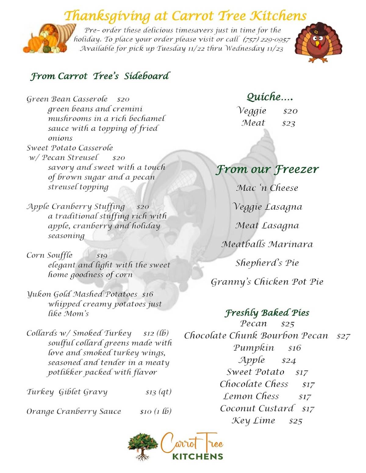 Menu at Carrot Tree Kitchens cafe, Williamsburg, Jamestown Rd