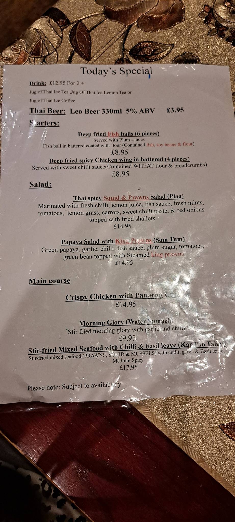 Menu at Number One Thai Restaurant, London, 1 Cheam Rd
