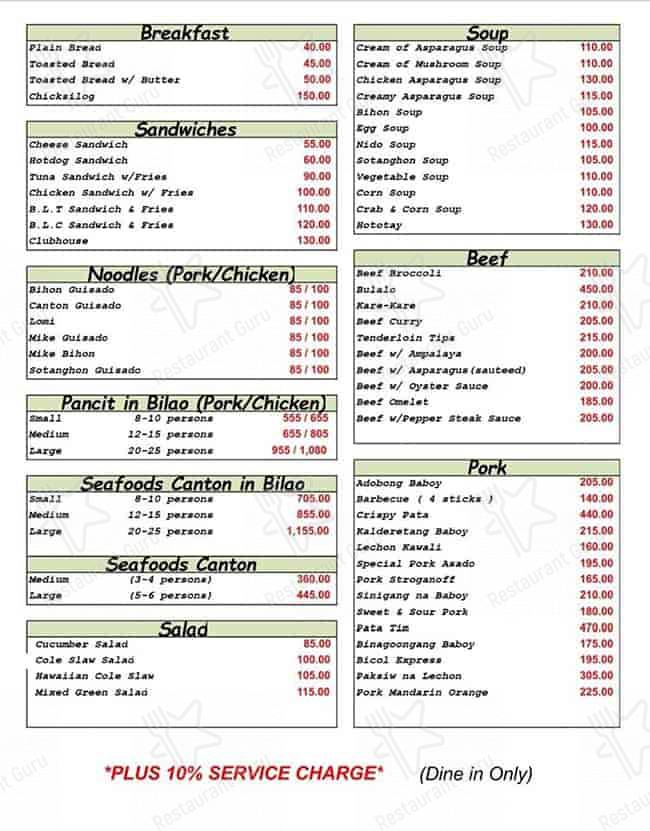 Menu at Carvajal Restaurant, Santa Rosa, 209 National Highway