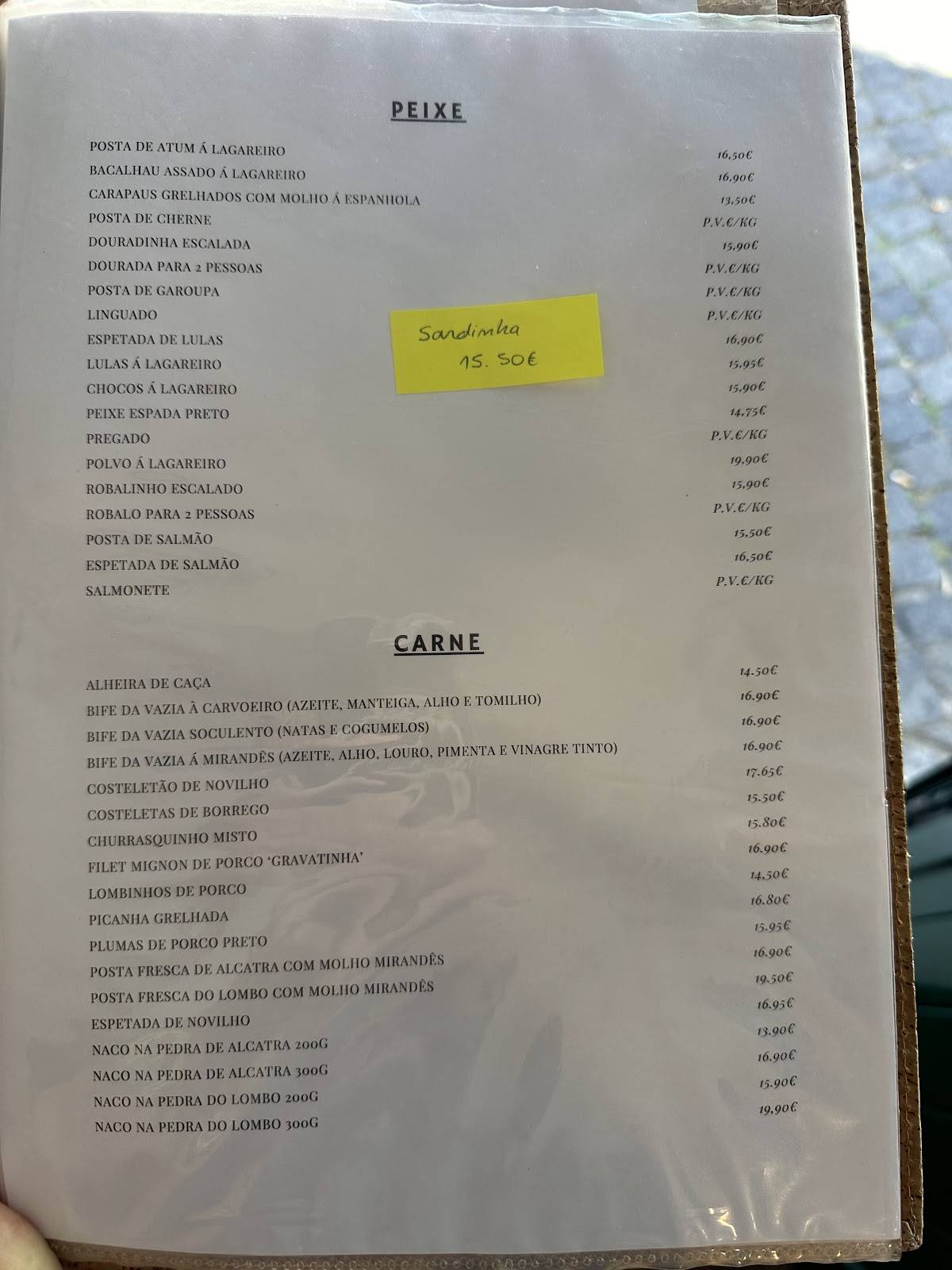 Menu em Carvoeiro de Carnide restaurante, Lisboa, R. Neves Costa 39