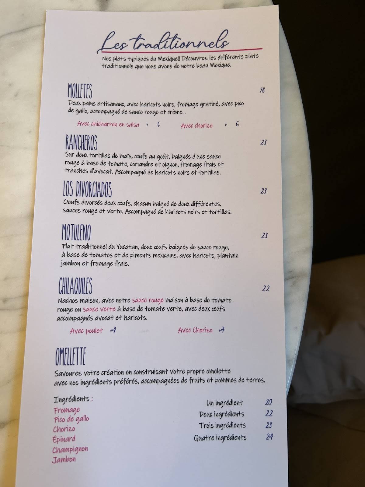 Menu au Casa Azul restaurant, Montréal, Saint Denis St