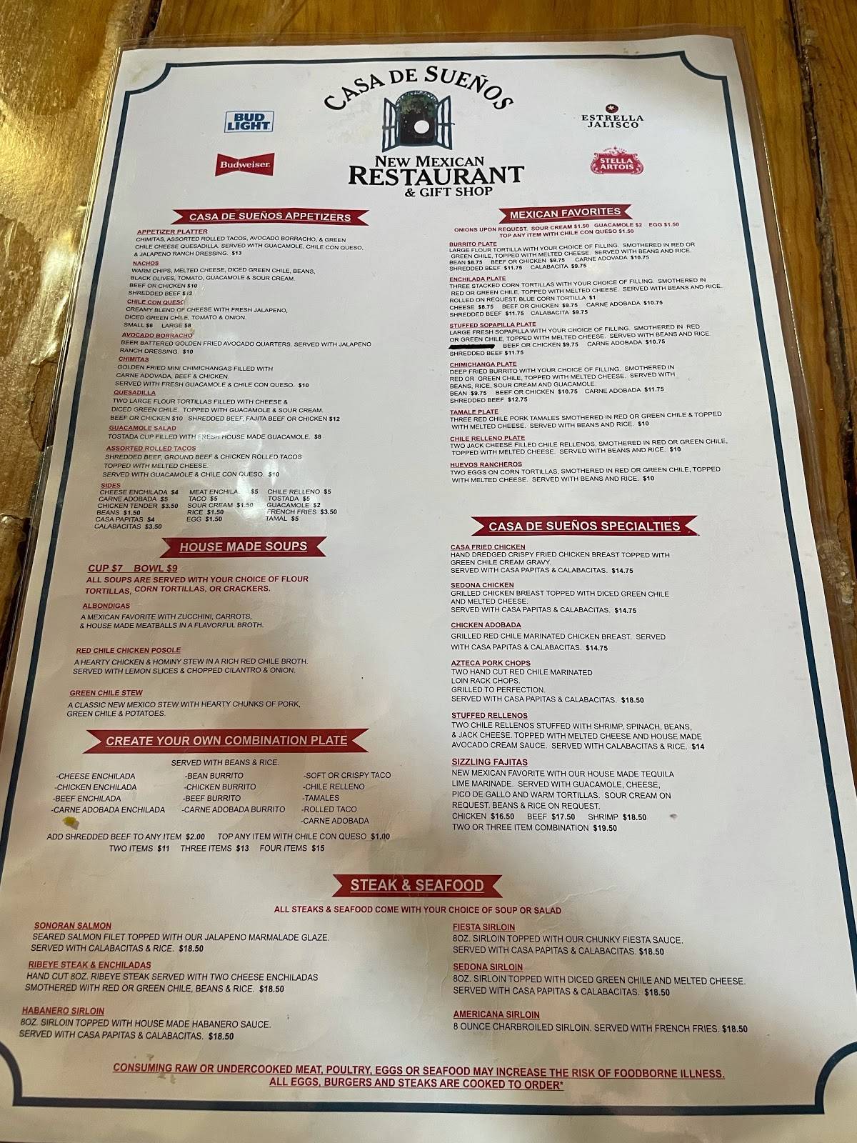 Menu at Casa De Suenos restaurant, Tularosa