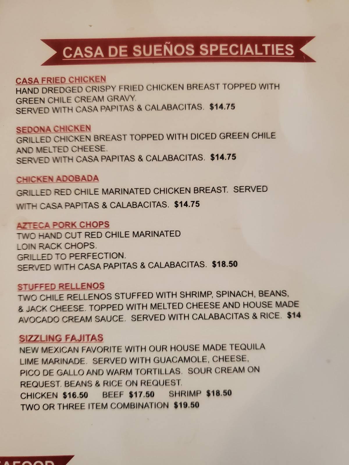 Menu at Casa De Suenos restaurant, Tularosa