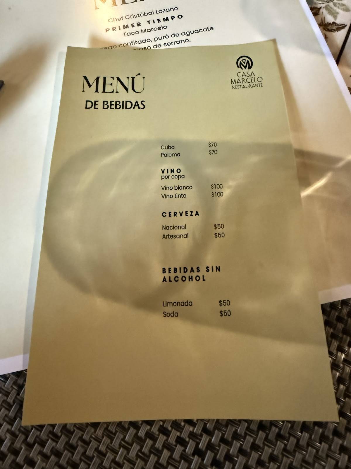 Carta del restaurante Casa Marcelo, Ensenada
