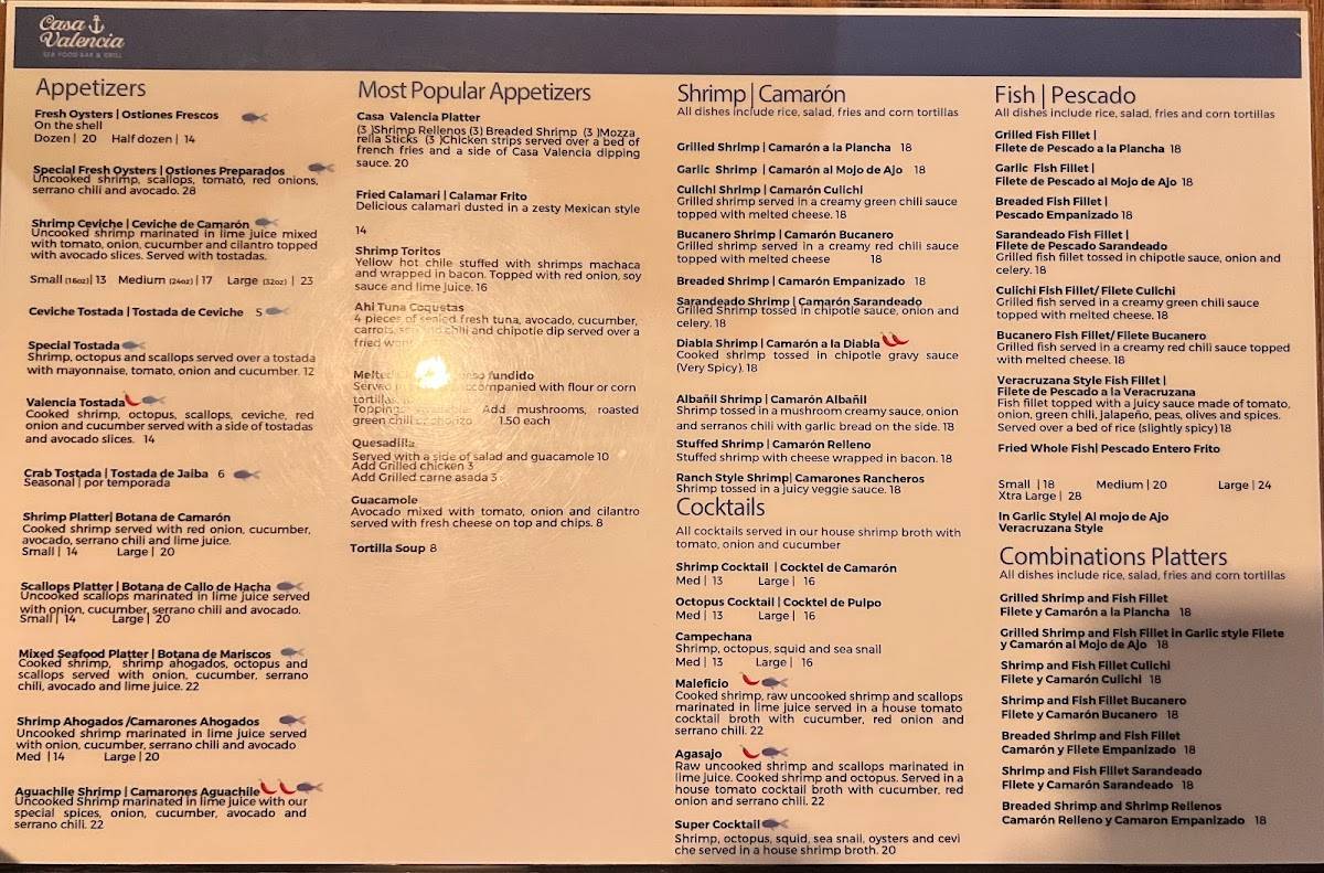 Menu at Casa Valencia Mexican Seafood, Bar & Grill, Tucson, W Valencia Rd