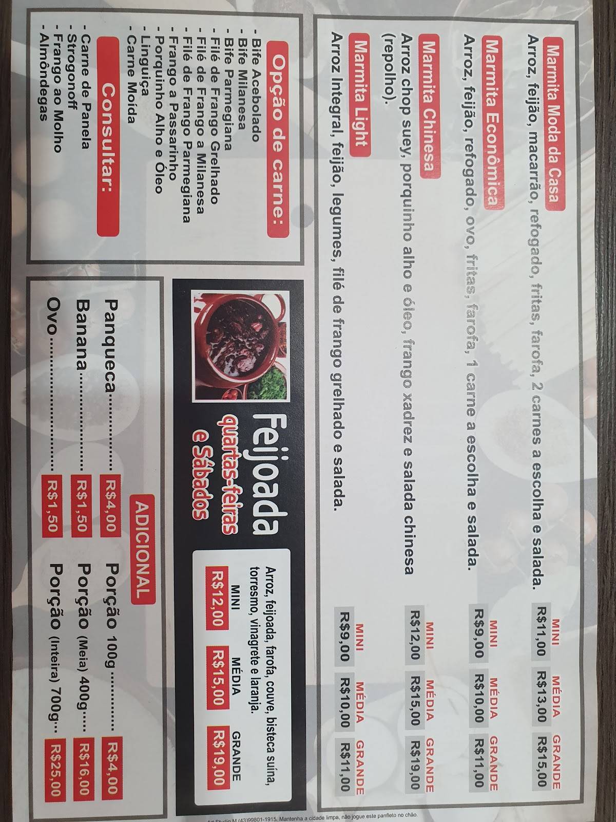 Menu em Casa da Marmita, Apucarana