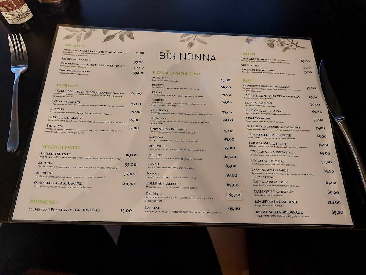Menu at Big Nonna restaurant, Casablanca