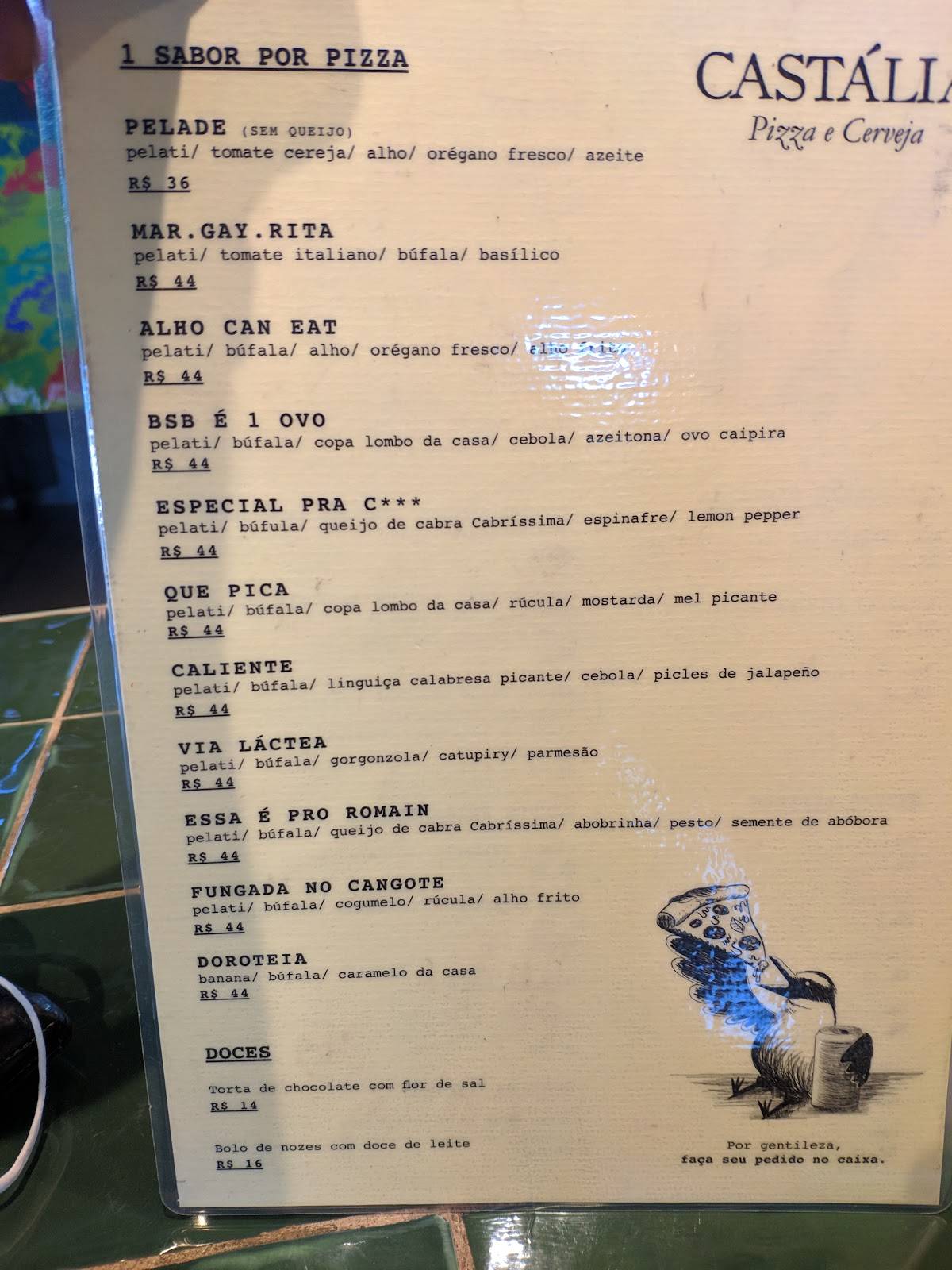 Menu at Castália Pizza restaurant, Brasília